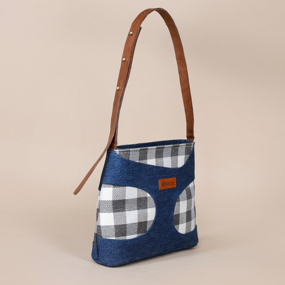 Not so small Denim fusion Sling -checks – Bhastra Bags