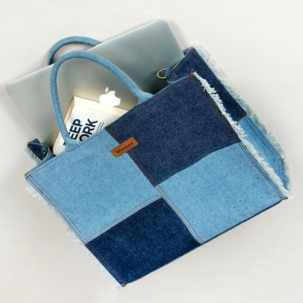 Denim Fringe Box Tote Bag-denim trail – Bhastra Bags